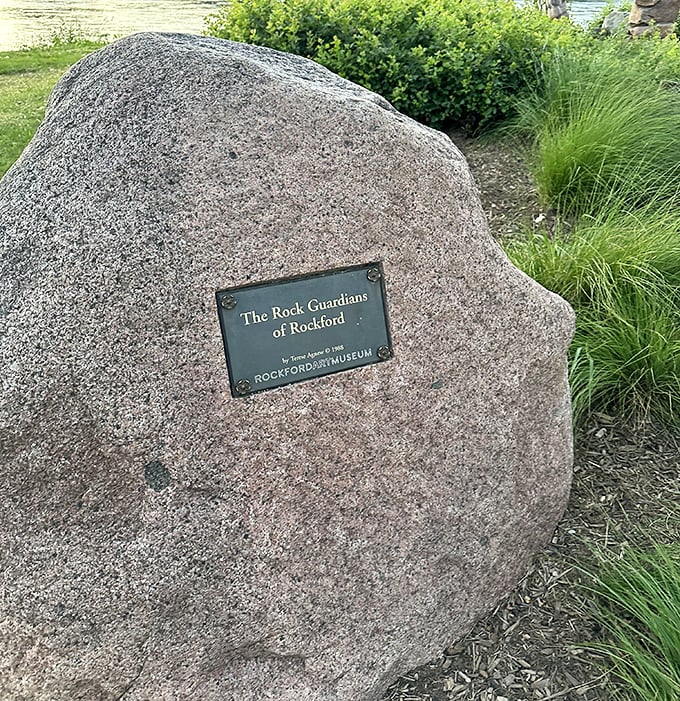 A simple plaque identifies "The Rock Guardians of Rockford," letting the impressive sculptures speak largely for themselves.