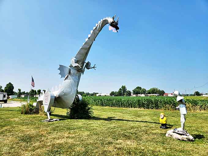 The dragon's impressive silhouette creates a surreal juxtaposition against the flat Illinois landscape, making it impossible to miss from the roadside.