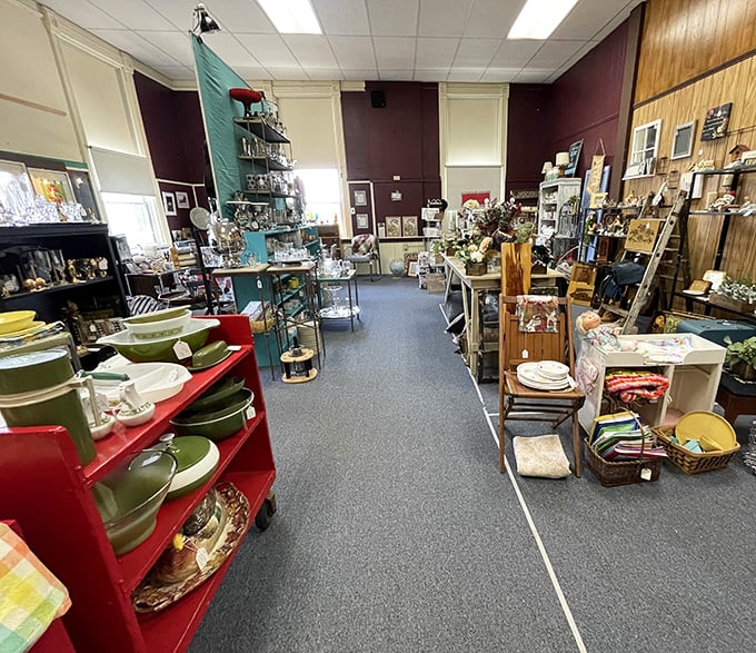 Every aisle tells a different story, with vintage dishware in vibrant greens and reds arranged like a colorful chapter from America's domestic past.