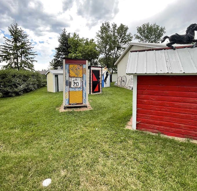 Under brilliant blue skies, Pottyville's collection of themed outhouses creates a bizarre frontier town dedicated to bathroom humor.