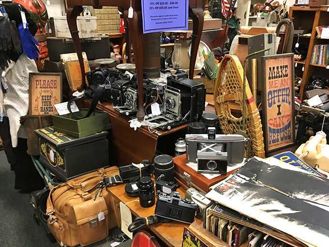 Vintage cameras that once captured someone's wedding day now wait for a new admirer to appreciate their mechanical perfection.