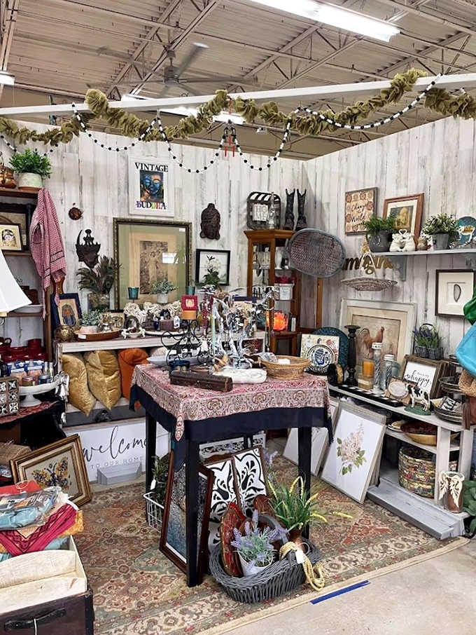 Stone walls and carved doors frame this vintage clothing nook, where fashion ghosts from decades past wait for their next adventure.