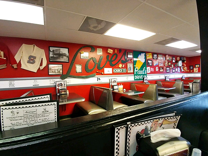 Every inch of wall space tells a story, from vintage signs to local memorabilia, creating a museum of Americana that happens to serve incredible burgers.