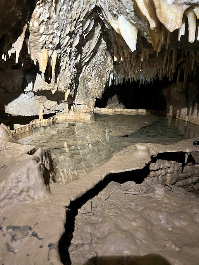 Underground pools create perfect mirrors of the cave formations above, disorienting your sense of up and down.