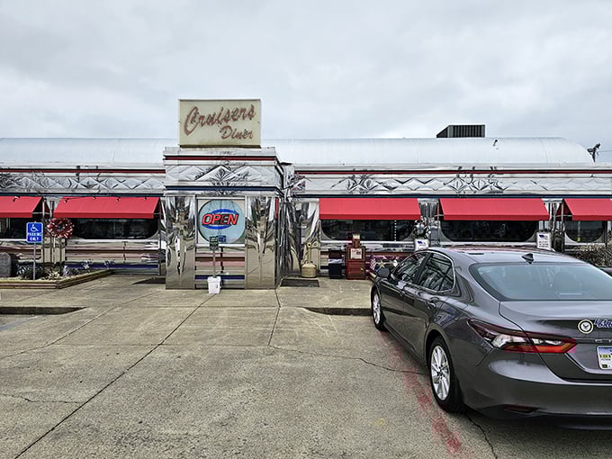 Cruisers Diner's polished stainless steel exterior and red awnings create that perfect 1950s roadside attraction vibe.