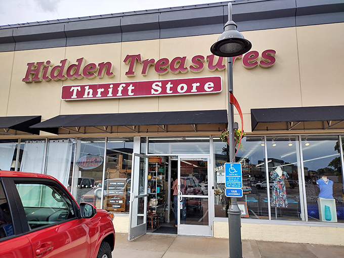 Hidden Treasures lives up to its name with a bright, inviting storefront that promises affordable finds for savvy shoppers.