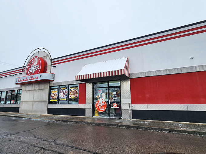 Mega Classic Diner's bold red and white color scheme stands out like a friendly warning: "Prepare for delicious food ahead!"