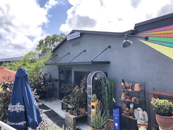 Oddballs Nifty Thrift greets visitors with quirky outdoor displays that promise unusual treasures within.