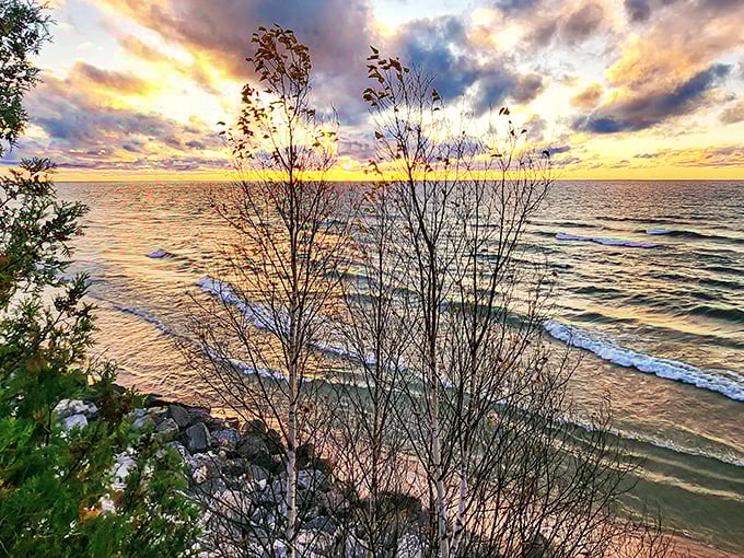 Orchard Beach State Park's shoreline captures the essence of Michigan summers with its pristine sand and crystal-clear waters.