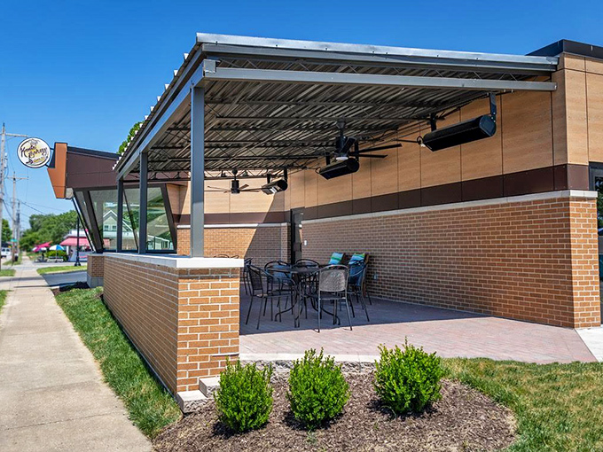 Kruta Bakery's sleek design offers a contemporary take on a historic bakery. The covered patio provides the perfect spot to savor their famous treats.