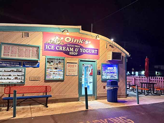 Even at night, Oink's pink neon sign guides ice cream lovers to this beloved shop. The casual bench seating outside invites visitors to slow down and savor every lick.