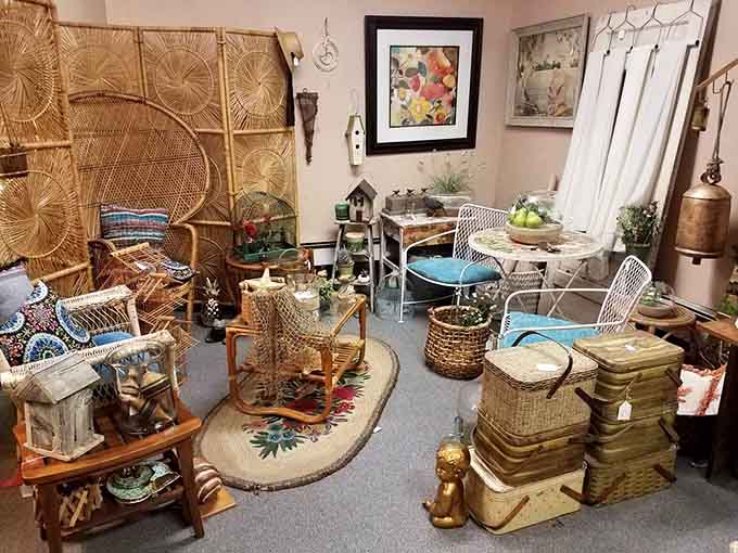 Inside this vintage wonderland, wicker chairs and colorful finds create a collector's paradise worth exploring.