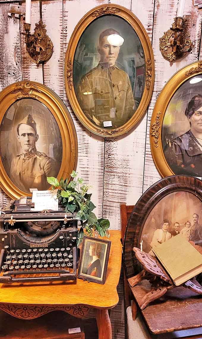 Faces from another century gaze from ornate oval frames, their solemn expressions and military uniforms preserving moments of personal history for future generations.