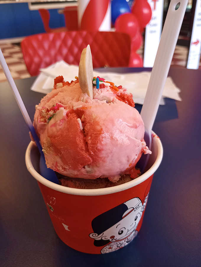 That's not just ice cream &ndash; it's a childhood memory with sprinkles on top. The pink hue practically radiates joy and nostalgia.