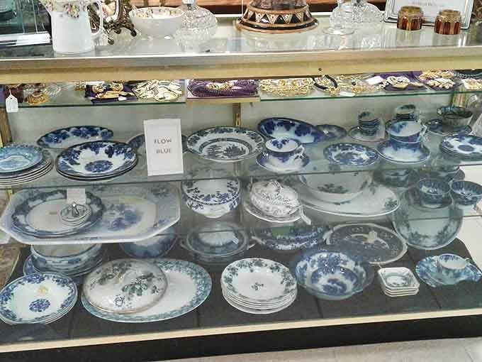 Delicate Flow Blue china patterns transport you to Victorian dining rooms where these dishes once graced tables during elaborate multi-course meals.