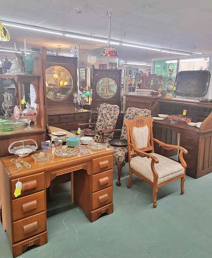 Mid-century vanities and wooden dressers wait patiently, their drawers holding secrets and possibilities rather than socks and sweaters.