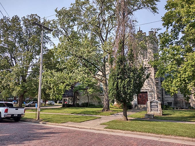 The Presbyterian Church's stone architecture brings a touch of Gothic elegance to the Illinois prairie, because even small towns deserve beautiful buildings.