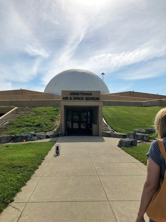 The Armstrong Air & Space Museum's distinctive dome rises from the landscape like a spacecraft ready for liftoff.