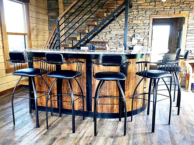 Rustic meets refined at this custom bar area, where morning coffee and evening nightcaps become elevated experiences with panoramic views.