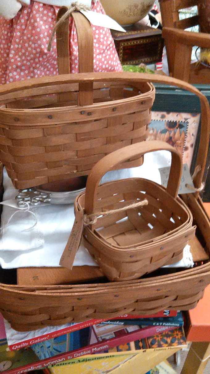 Woven baskets stacked like a rustic tower remind us that storage solutions used to have soul, each one ready to hold everything from fresh produce to your growing collection of vintage finds.