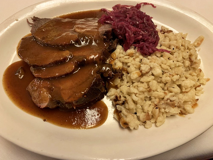 Sauerbraten with red cabbage and sp&auml;tzle, a plate that would make any German grandmother weep with joy.