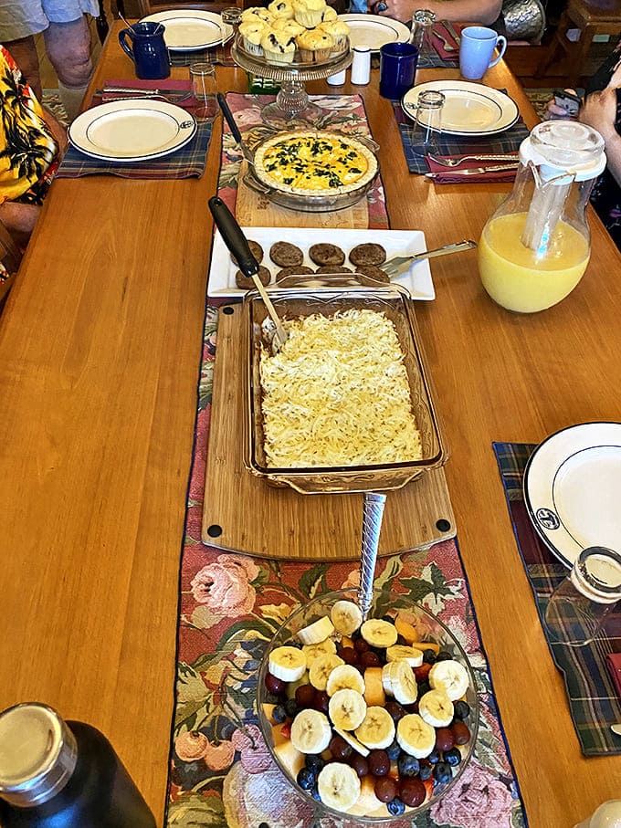 Breakfast becomes an event at the lighthouse, with homemade quiche, hash browns, and fresh fruit served family-style to eager guests.