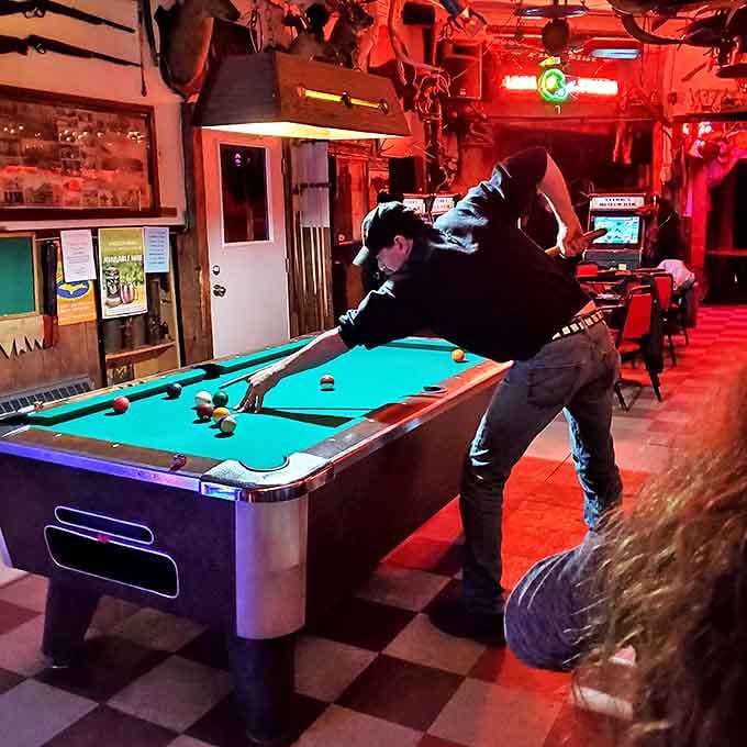 The billiards room doubles as a natural history museum, proving that entertainment and education can coexist under one very crowded ceiling.