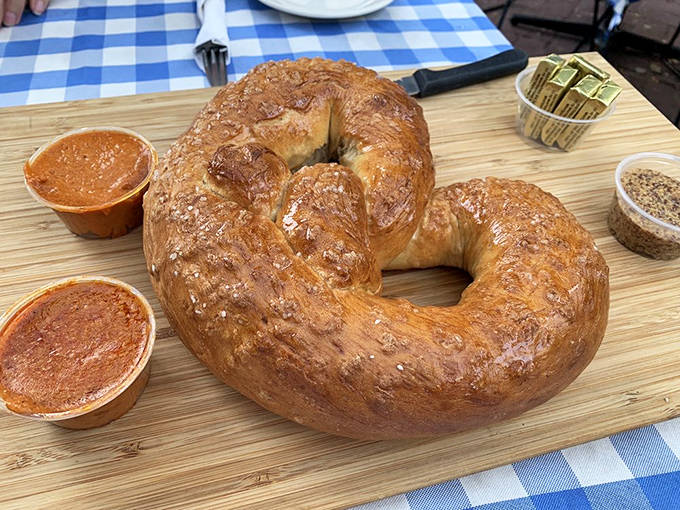 This isn't just any pretzel &ndash; it's a carb-lover's dream, golden-brown and ready for dipping in house-made mustard that packs a delightful punch.