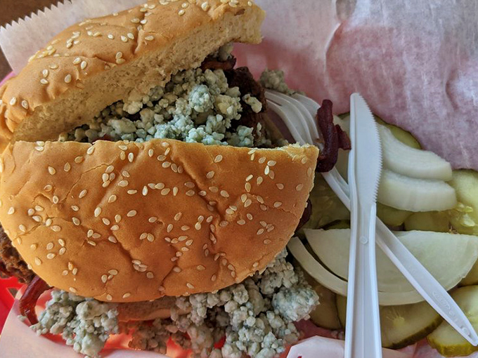 The Blue Burger arrives like a work of art &ndash; crumbled blue cheese melting into the perfectly seared patty.