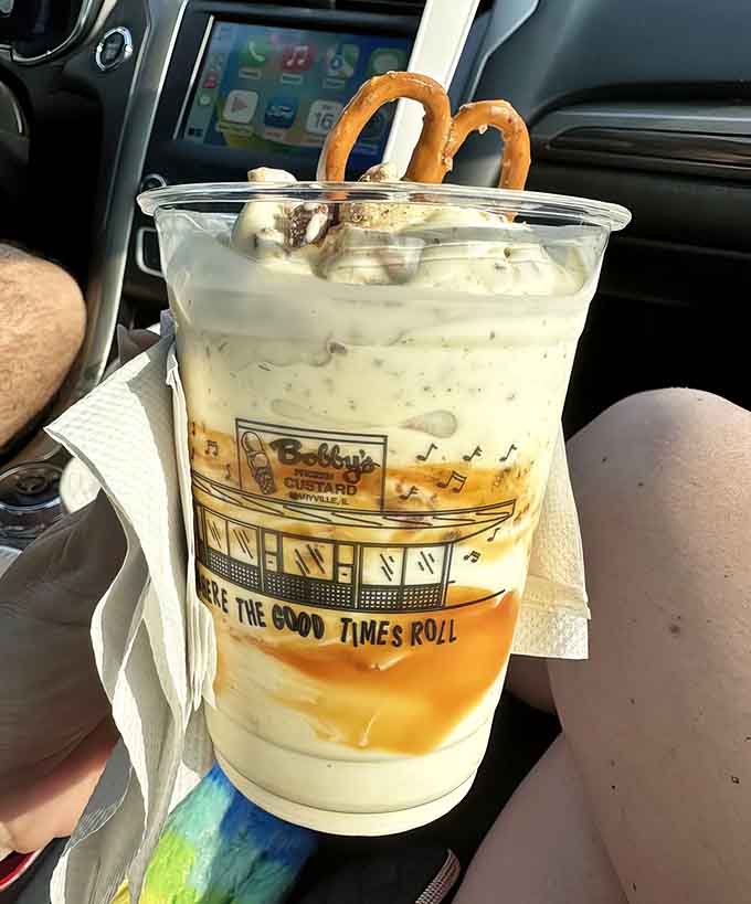 Layers of custard and toppings creating a masterpiece that Michelangelo would've traded his paintbrush for.