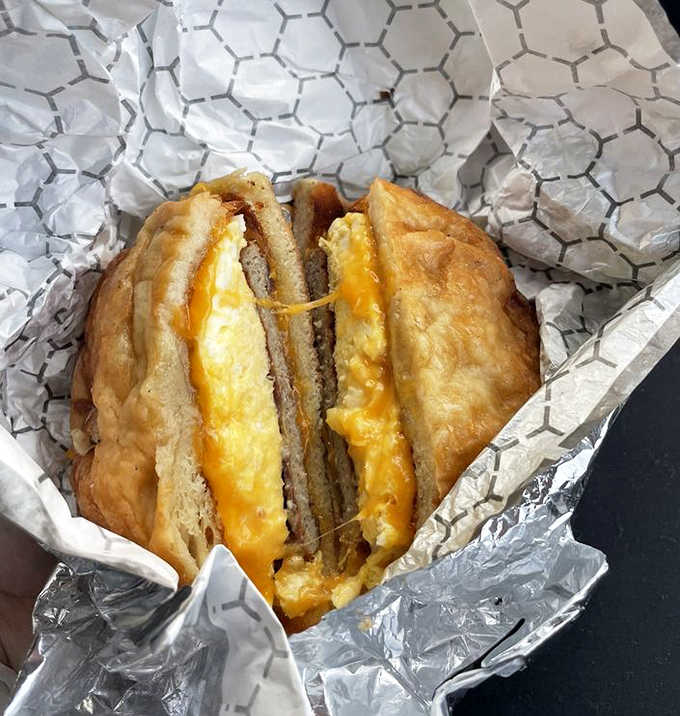 This breakfast sandwich doesn't just speak to your hunger – it sings a full morning anthem with melty cheese and savory fillings.