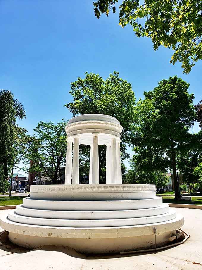 The Brooks Memorial Fountain creates a classical centerpiece in town, where evening light shows transform water into dancing magic for mesmerized onlookers.