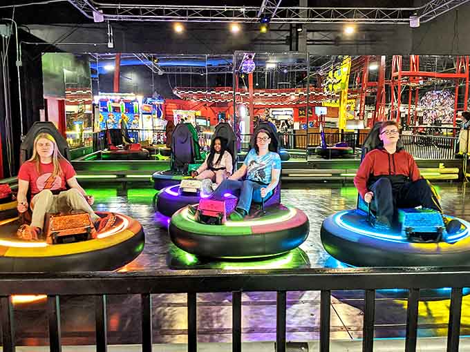These glowing hover-craft bumper cars combine the joy of bumper cars with the smooth glide of air hockey pucks.