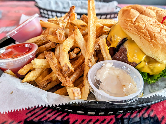 The classic burger and fries combo gets the Buckeye treatment – juicy, cheesy, and substantial enough to fuel a defensive line.