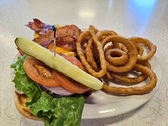That burger and those onion rings understand the assignment, delivering crispy, juicy satisfaction that justifies loosening your belt.