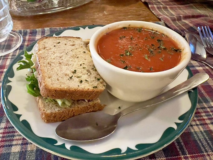 The soup and sandwich combo that launches a thousand sighs &ndash; homemade tomato soup with herbs and a sandwich that puts deli chains to shame.