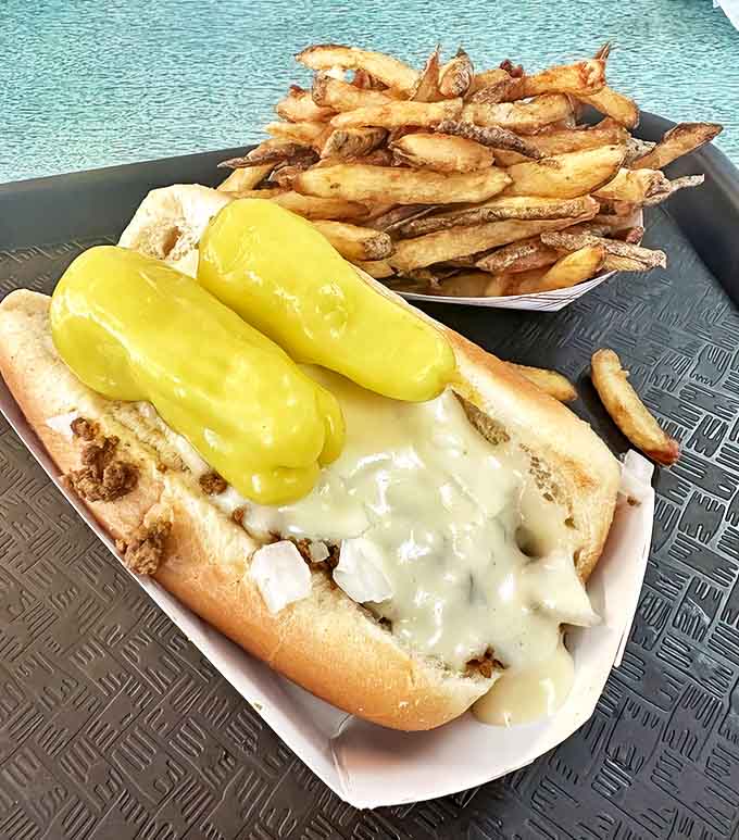 The chili cheese dog arrives as a beautiful mess of melted cheese and homestyle chili – worth every napkin you'll need to tackle it.