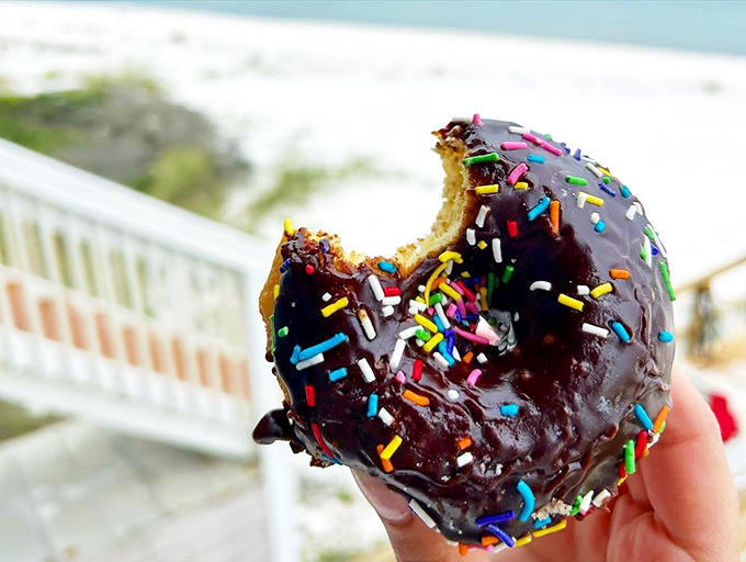 Chocolate glazed with rainbow sprinkles: where childhood joy meets adult indulgence, best enjoyed with ocean views and zero calorie counting.