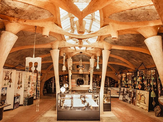Inside the Cosanti Gallery, organic forms and filtered light create a space that feels both ancient and futuristic.