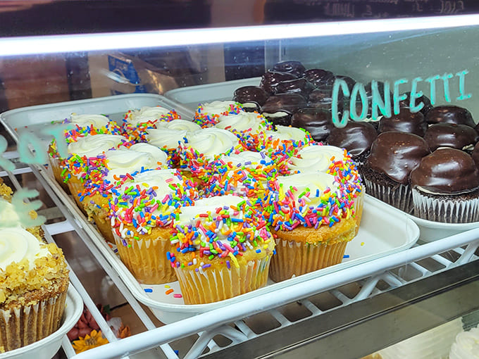 A rainbow of frosted cupcakes stands at attention, each swirl of buttercream a tiny masterpiece waiting for its moment.