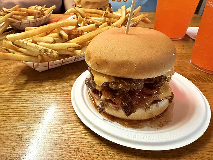 The Double Bacon Cheeseburger with fries &ndash; where beef, cheese, and bacon create a holy trinity of flavor that's worth every calorie.