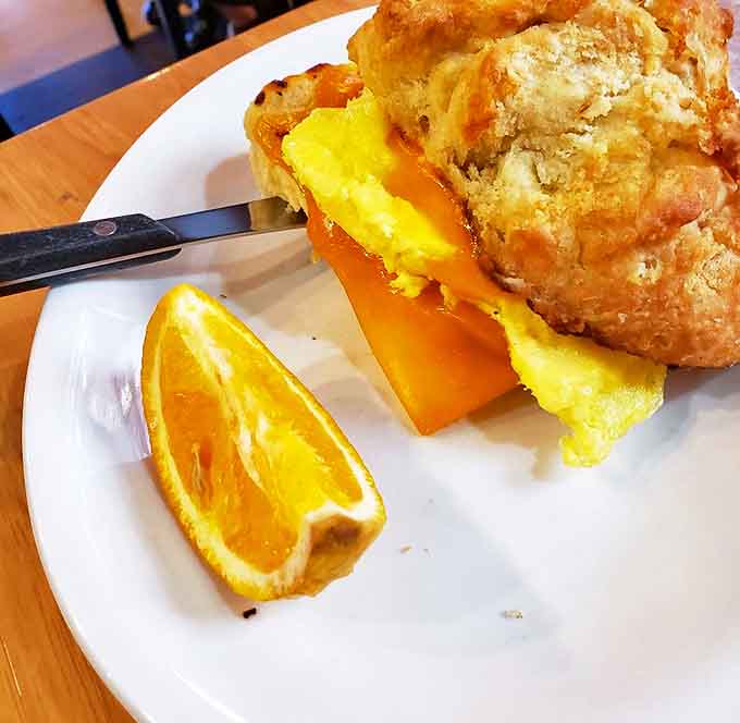 Breakfast architecture at its finest: a perfectly constructed egg and cheese sandwich that makes other breakfast handhelds look like amateur hour.