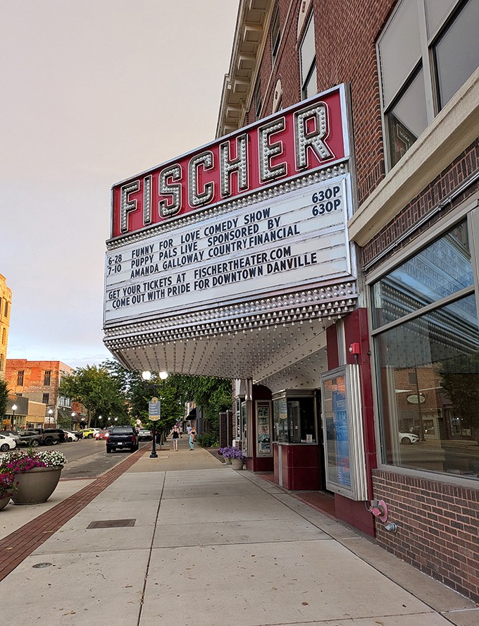 The Fischer Theatre's classic marquee lights up downtown evenings, promising entertainment that feels special in an age of impersonal streaming services.