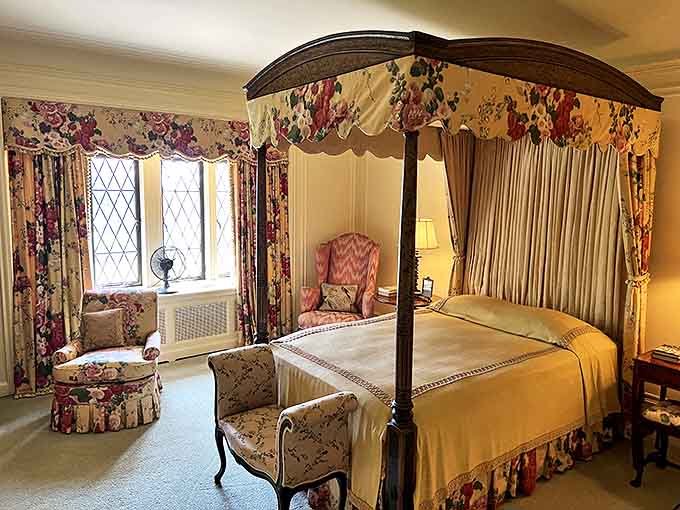 This isn't just any bedroom – it's a floral-draped sanctuary where Eleanor Ford once dreamed beneath a canopy fit for royalty.