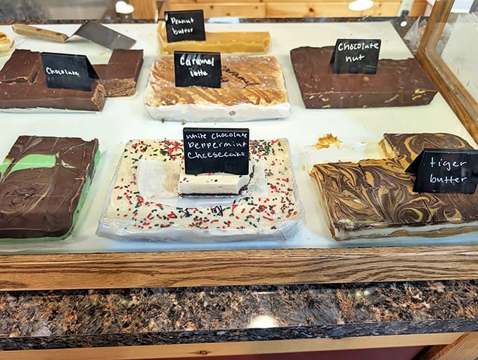 A confectionary rainbow of fudge varieties awaits, each square promising a different journey into sweet perfection&mdash;resistance is deliciously futile.