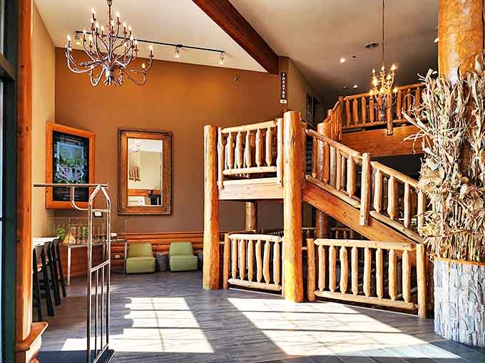 Rustic meets refined in this thoughtfully designed interior, where wilderness themes complement rather than overwhelm the comfortable gathering spaces.