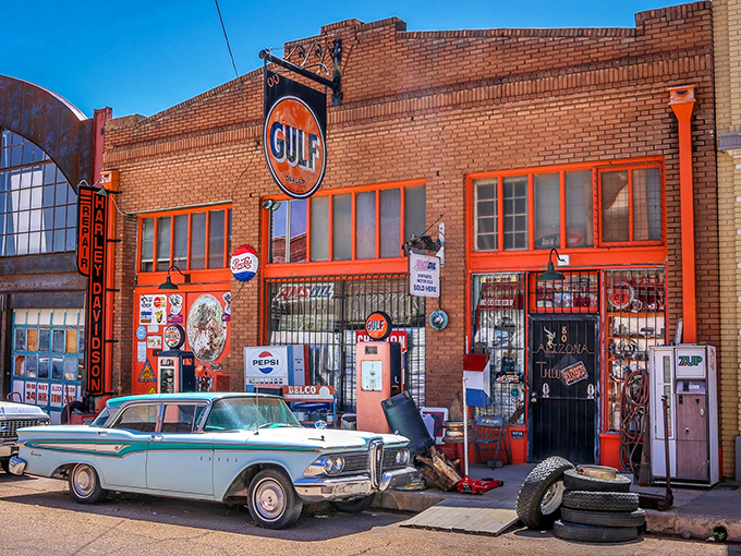The Gulf station's classic orange and blue signage pops against the desert sky, a colorful landmark on Erie Street.
