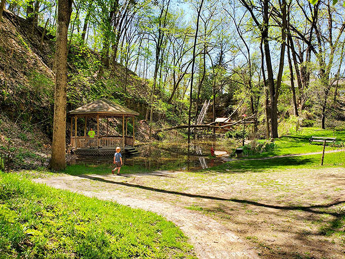 Heritage Canyon's gazebo invites quiet contemplation amid nature, offering a peaceful retreat where the only notification you'll receive is from a singing bird.