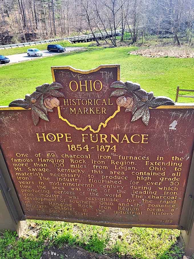 History buffs rejoice! This marker tells the tale of Hope Furnace, part of the once-booming Hanging Rock Iron Region that shaped southern Ohio.