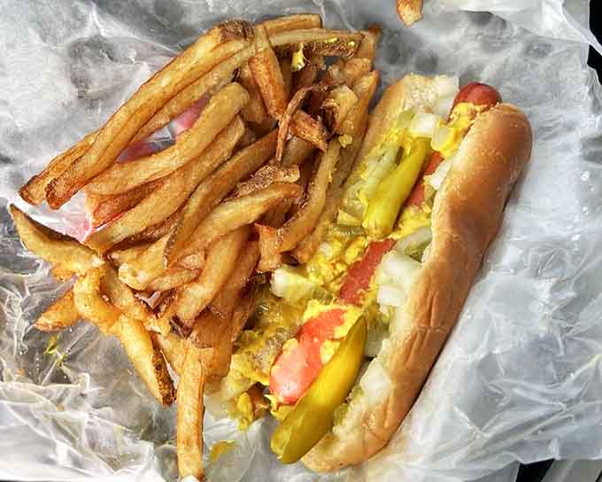 This is what happens when a hot dog and a pile of toppings have a beautiful, delicious baby that requires multiple napkins.
